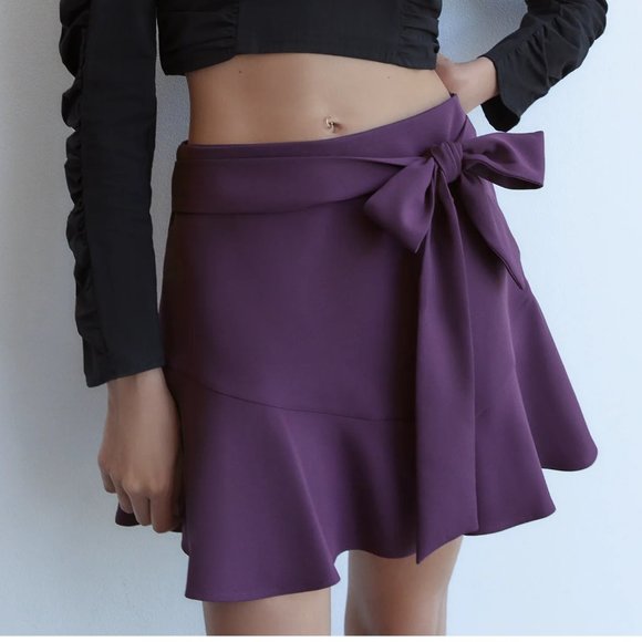 Zara | Skirts | New Zara Purple Bermuda Skort Tie Belt Flare Belted ...